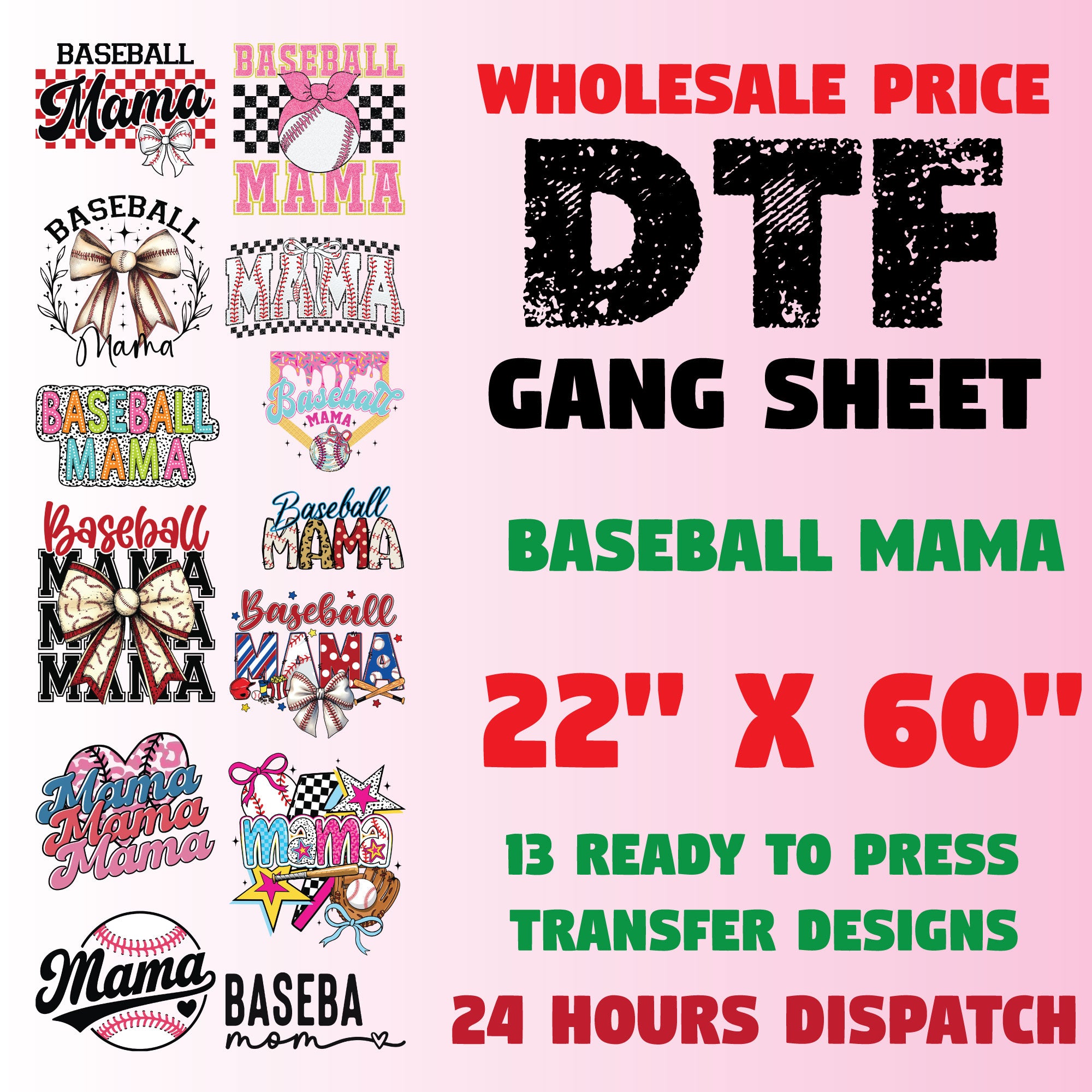 Baseball Mom DTF Transfer Premade Gangsheet – Super Custom Tees